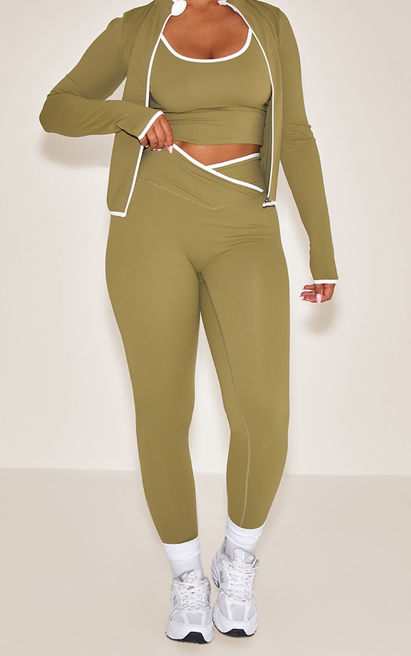 SHAPE OLIVE ACTIVE CONTRAST BINDING WAISTBAND LEGGINGS | Shape | PrettyLittleThing USA