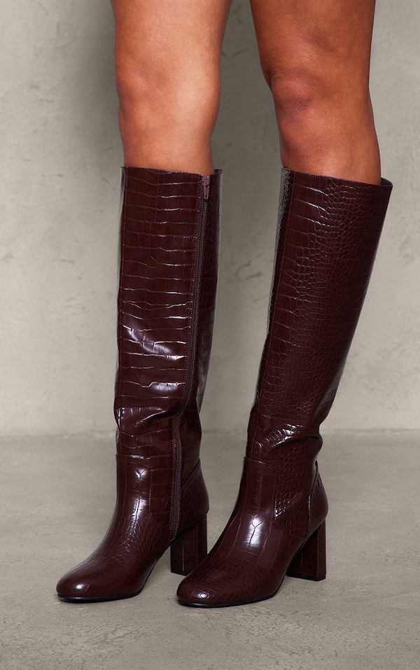 Brown Croc Round Toe High Heeled Block Knee Boots | Footwear | PLT
