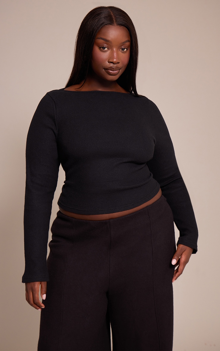 Plus Black Soft Rib Boat Neck Long Sleeve Top | Plus Size | PLT IRE