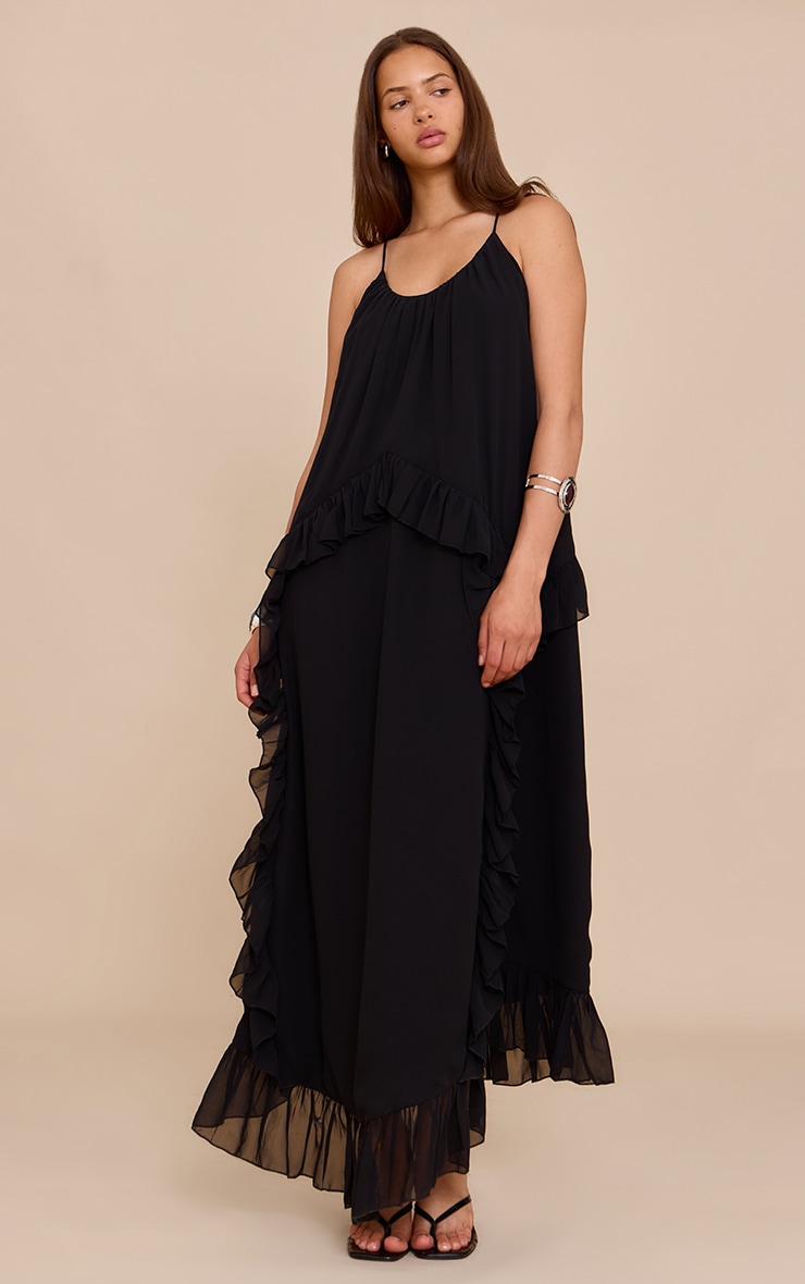 Black Chiffon Frill Cami Maxi Dress | Dresses | PLT