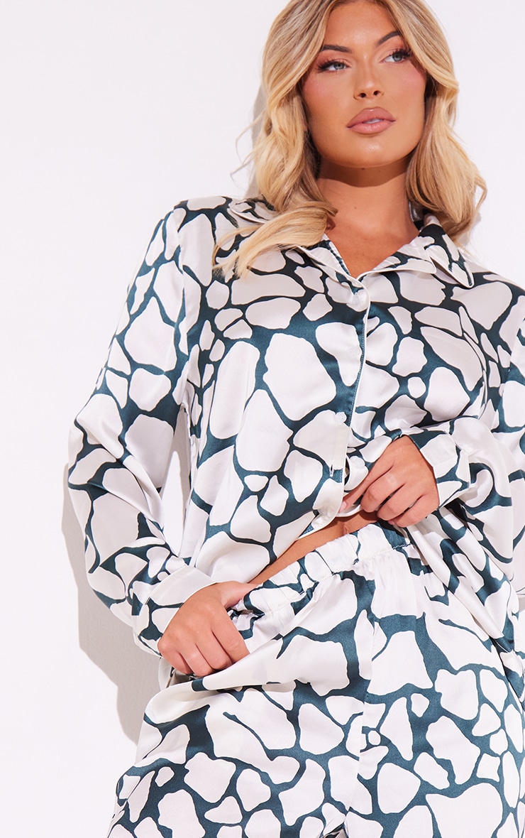 Monochrome Abstract Print Satin Long Pj Set | PrettyLittleThing