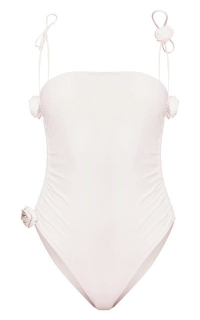 White Ruched Flower Trim Swimsuit | Swimwear | PLT USA