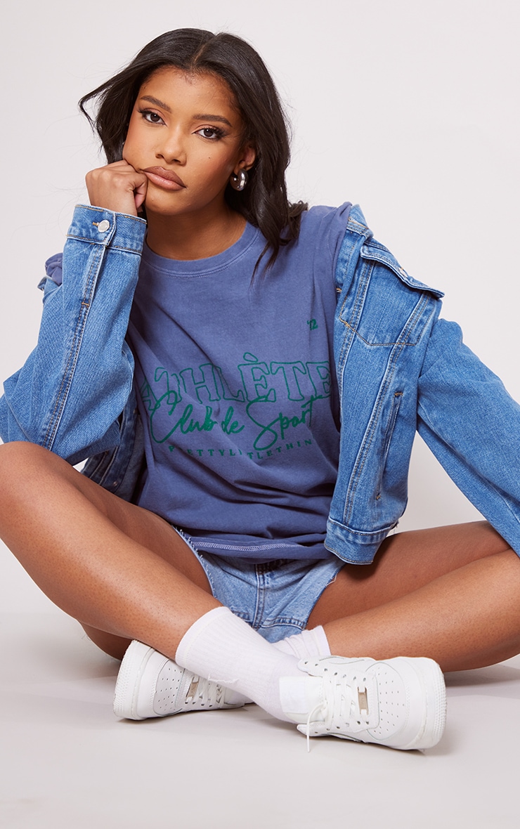 Plt Blue Washed Athlete Print T Shirt | Tops | PrettyLittleThing