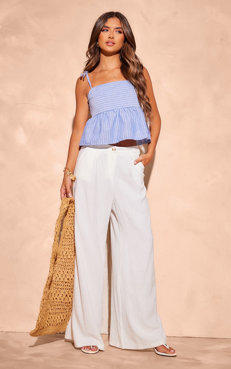 Blue Striped Tie Shoulder Peplum Top | Tops | PLT USA