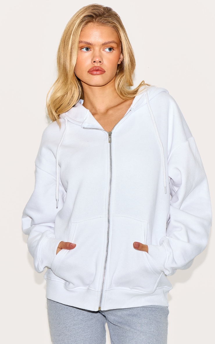 White Oversized Zip Up Plain Front Hoodie | Sweat | PrettyLittleThing USA