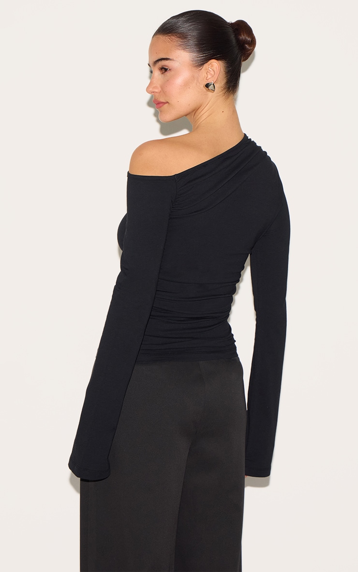 Black Asymmetric Ruched Flared Sleeve Long Top | Tops | PLT USA