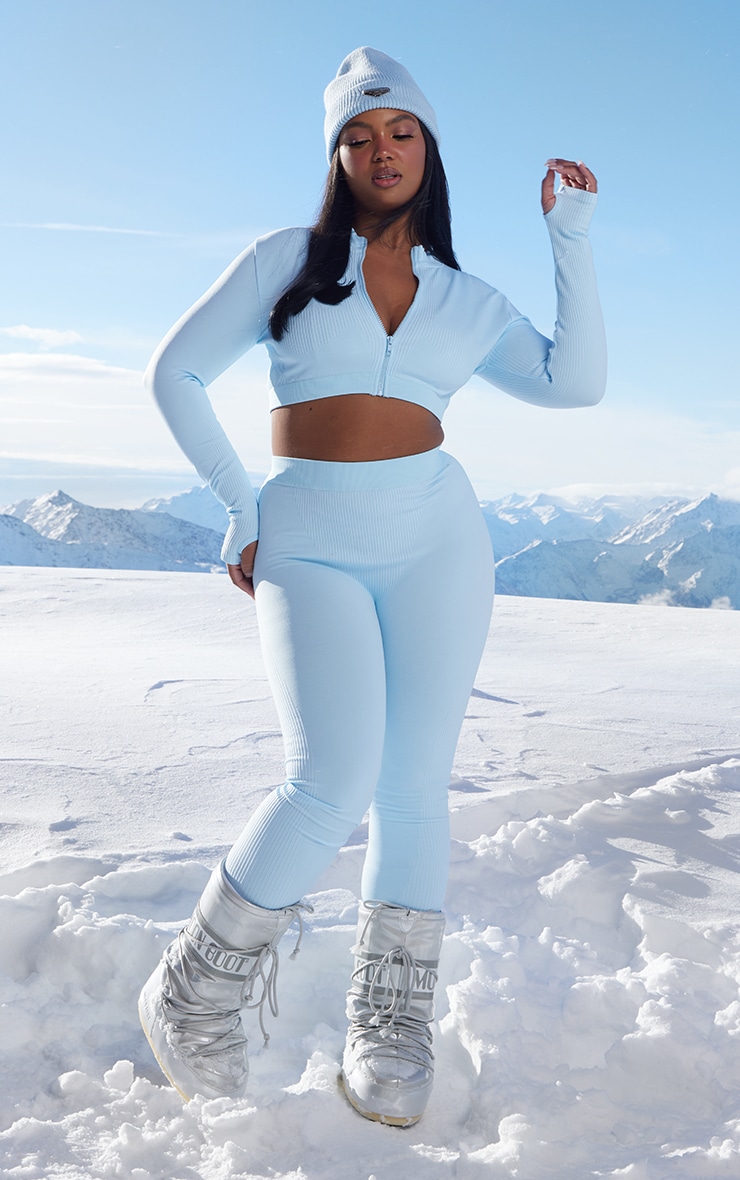 Plt Ski Plus Baby Blue Ribbed Seam Detail Leggings | PrettyLittleThing USA