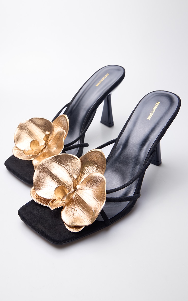 Black Square Toe Gold Flower Heeled Mules | Footwear | PrettyLittleThing