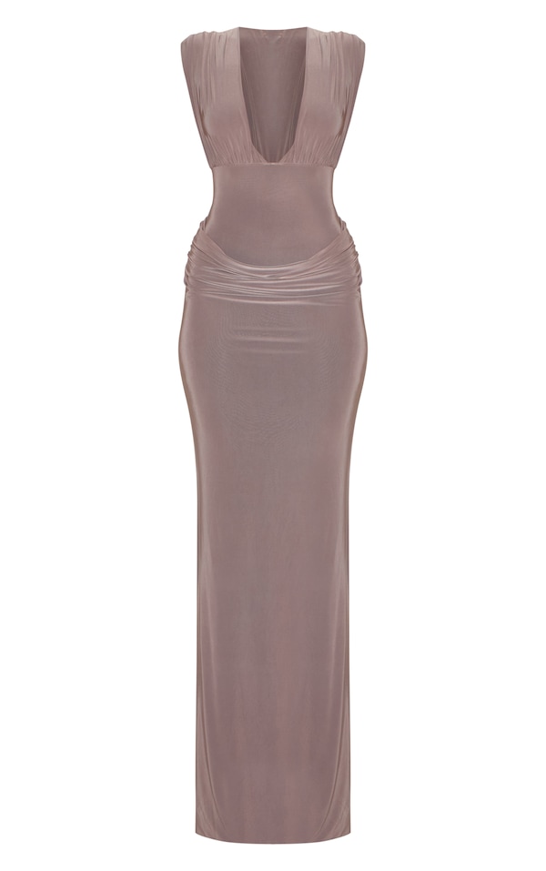 Taupe Double Layer Shoulder Drape Waist Maxi Dress | Dresses | PLT USA