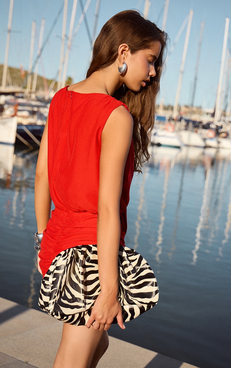 Tomato Red Soft Touch Ruched High Neck Mini Dress | Dresses | PLT