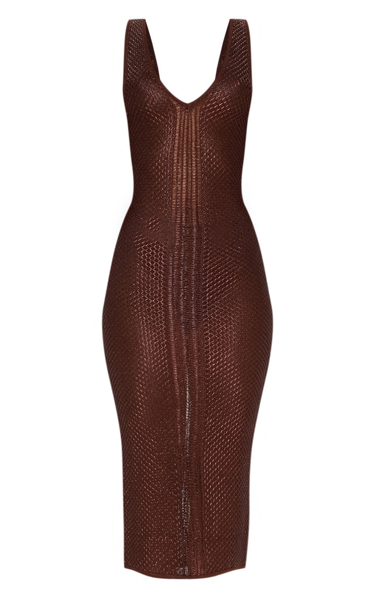 Brown Metallic Knit Bodycon Midi Dress | PrettyLittleThing CA
