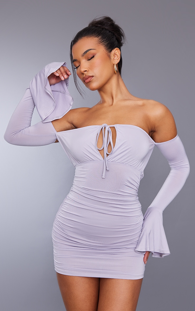 Grey Slinky Bardot Tie Flared Sleeve Bodycon Dress | Dresses | PLT IRE