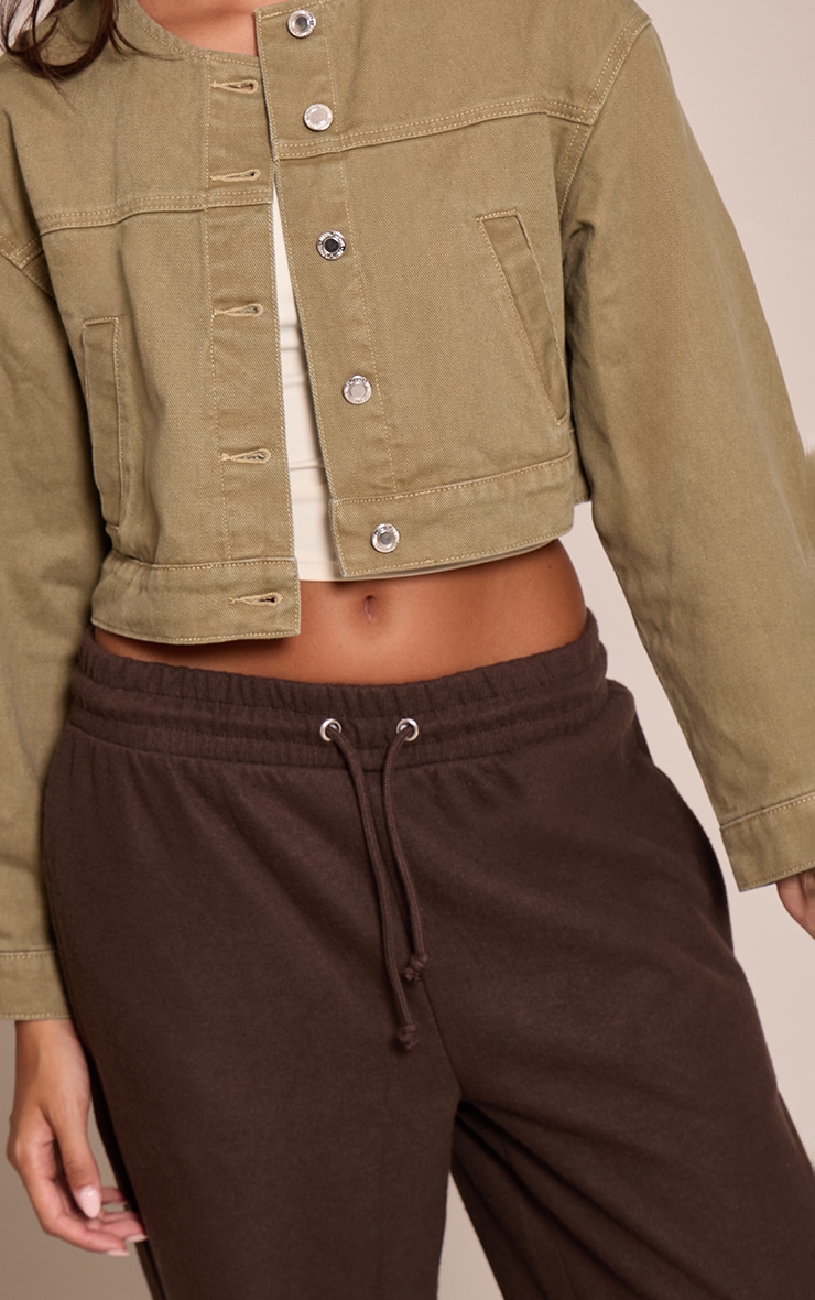 Olive Collarless Cropped Denim Jacket | Denim | PrettyLittleThing USA