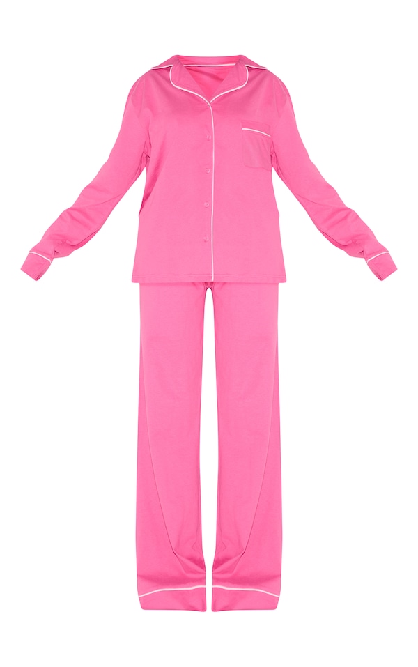 Hot Pink Jersey Piping Detail Long PJ Set | Lingerie & Nightwear ...