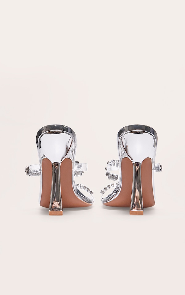 Silver Wide Fit Metallic Diamante Strap Heel Mules | Footwear | PLT