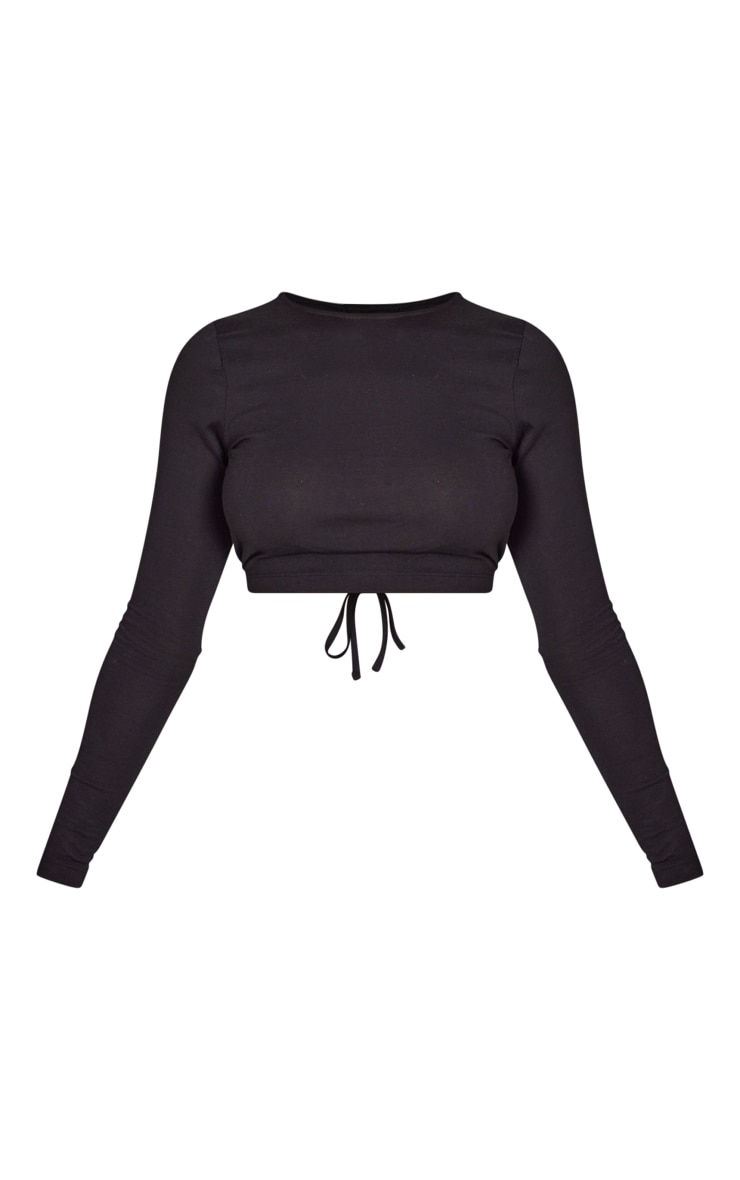 Crop top noir à manches longues et lien à nouer dos | PrettyLittleThing FR
