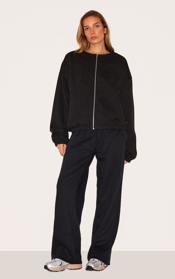 Black Oversized Boxy Collarless Zip Sweat Top | Sweat ...