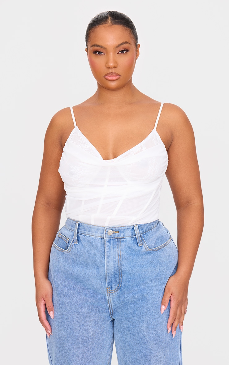 Plus White Drape Detail Lace Bust Top | Plus Size | PrettyLittleThing IRE