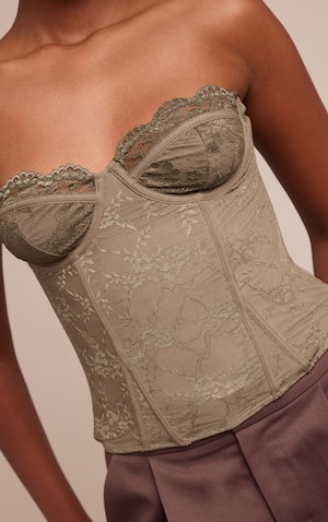 Olive Lace Hook And Eye Bonded Bandeau Corset | Tops | PLT