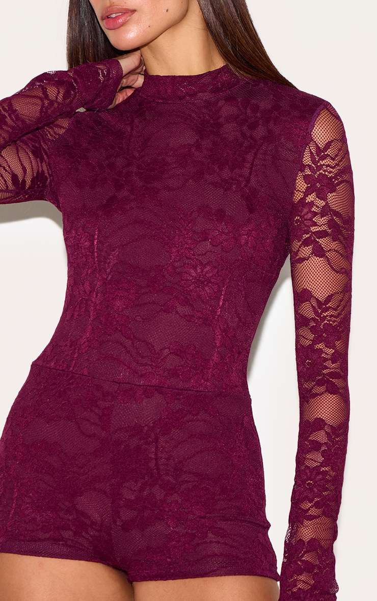 Plum Lace Lined Long Sleeve Boat Neck Playsuit | Dresses | PLT
