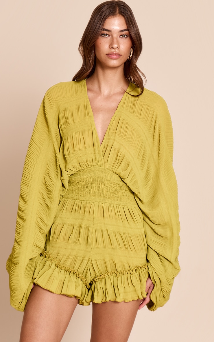 Olive Textured V Neck Frill Playsuit | Dresses | PLT