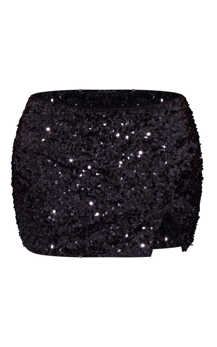 Black Sequin Split Thigh Micro Mini Skirt | PrettyLittleThing QA