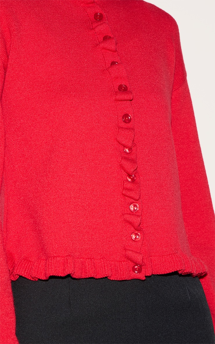 Red Knit Ruffle Detail Cardigan | Knitwear | PrettyLittleThing