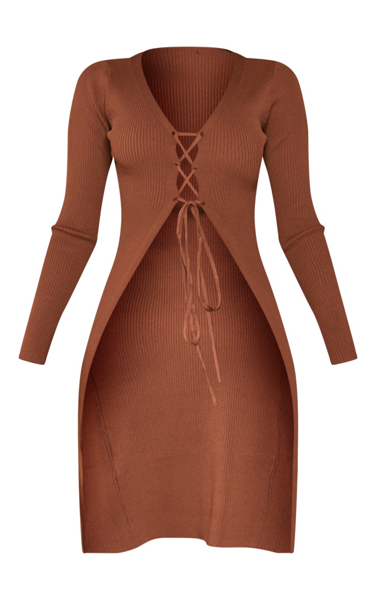 Chocolate Lace Up Front Long Line Maxi Cardigan | PrettyLittleThing