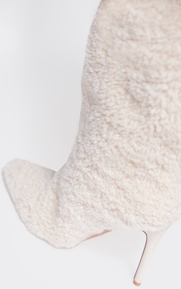 Cream Borg Point Toe High Stiletto Knee High Boots | Footwear | PLT