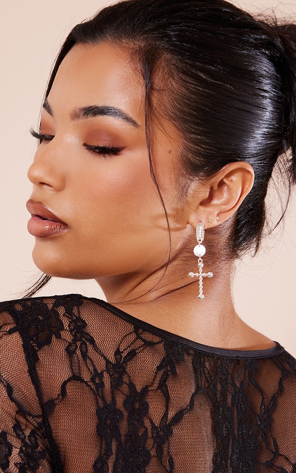 Silver Sphere Cross Statement Earrings | PrettyLittleThing USA