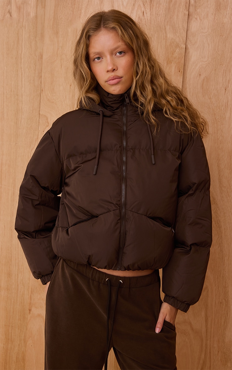 Chocolate Hooded Puffer Coat | Outerwear | PLT