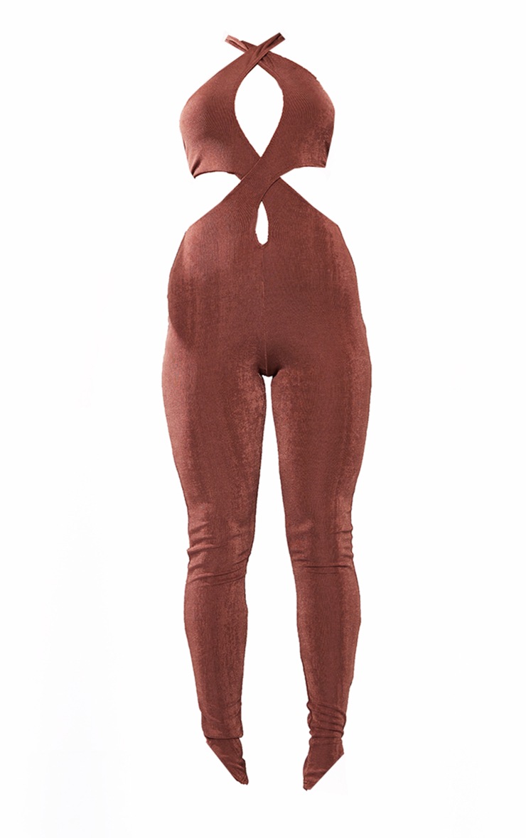 Chocolate Twist Cut Out Halterneck Jumpsuit | PrettyLittleThing