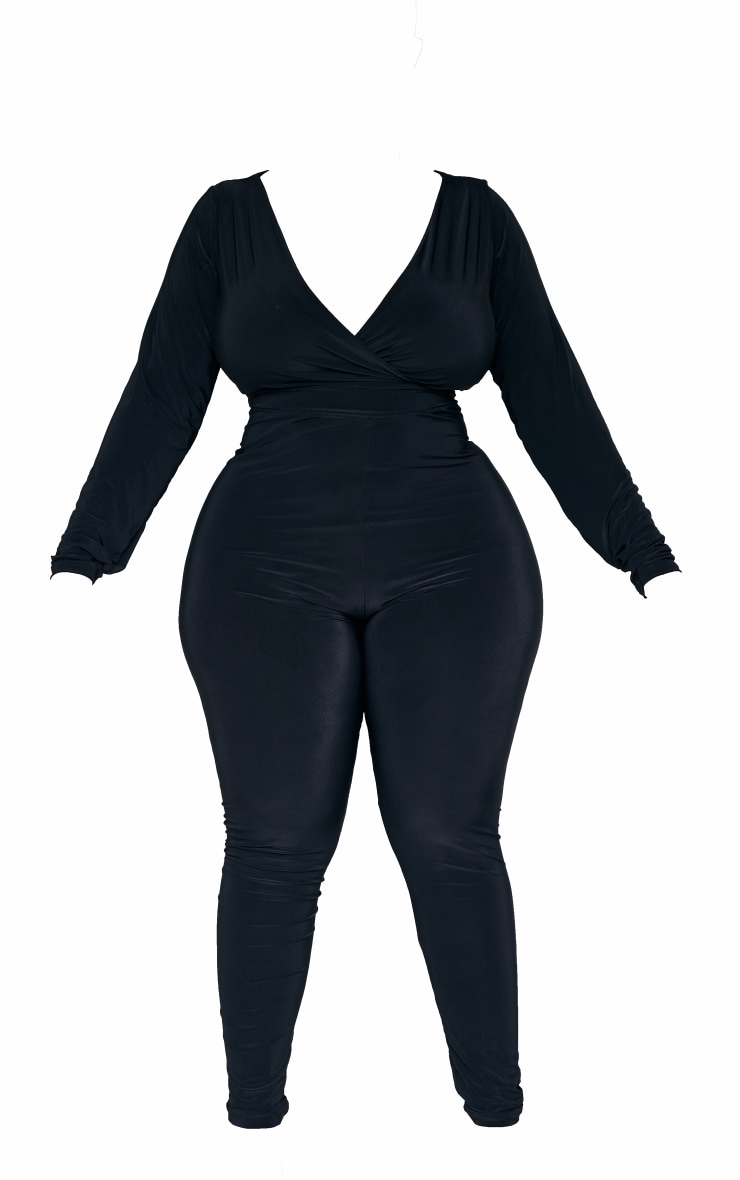 Plus Black Wrap Front Long Sleeve Catsuit | Plus Size 