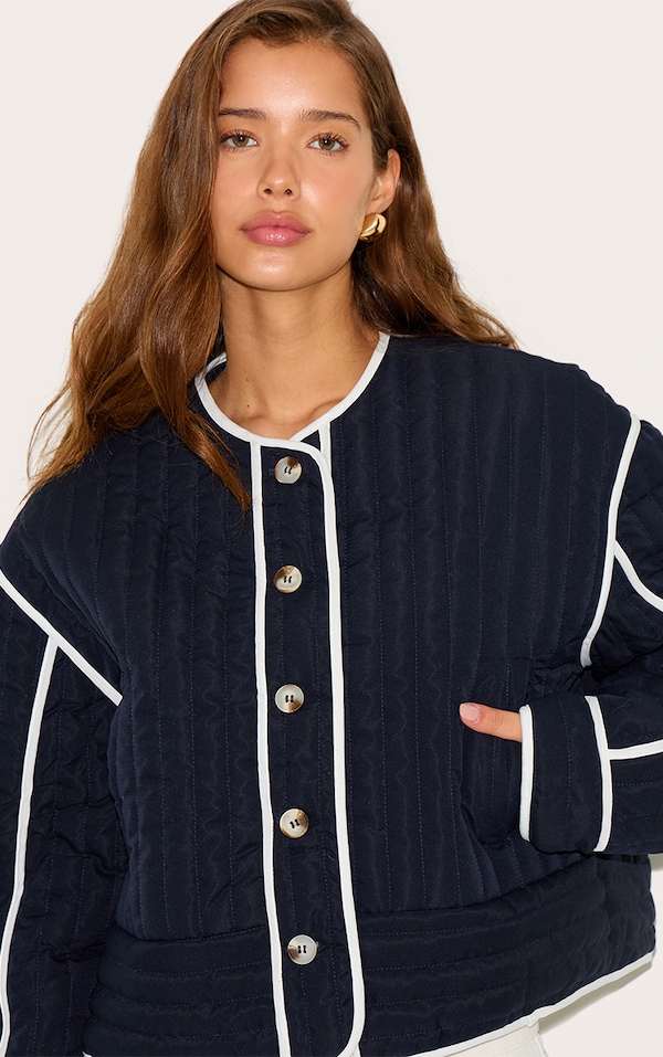 Navy Button Up Round Neck Quilted Jacket | Outerwear | PLT
