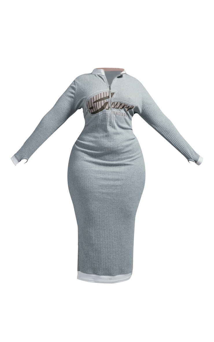 Plus Grey Marl Printed Rib Zip Up Midi Dress | Plus Size ...