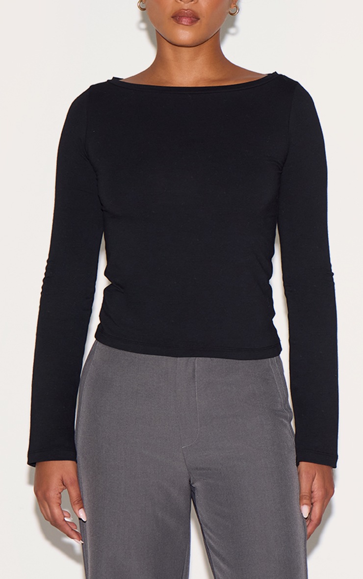 Black Crew Neck Flared Sleeve Long Top | Tops | PLT