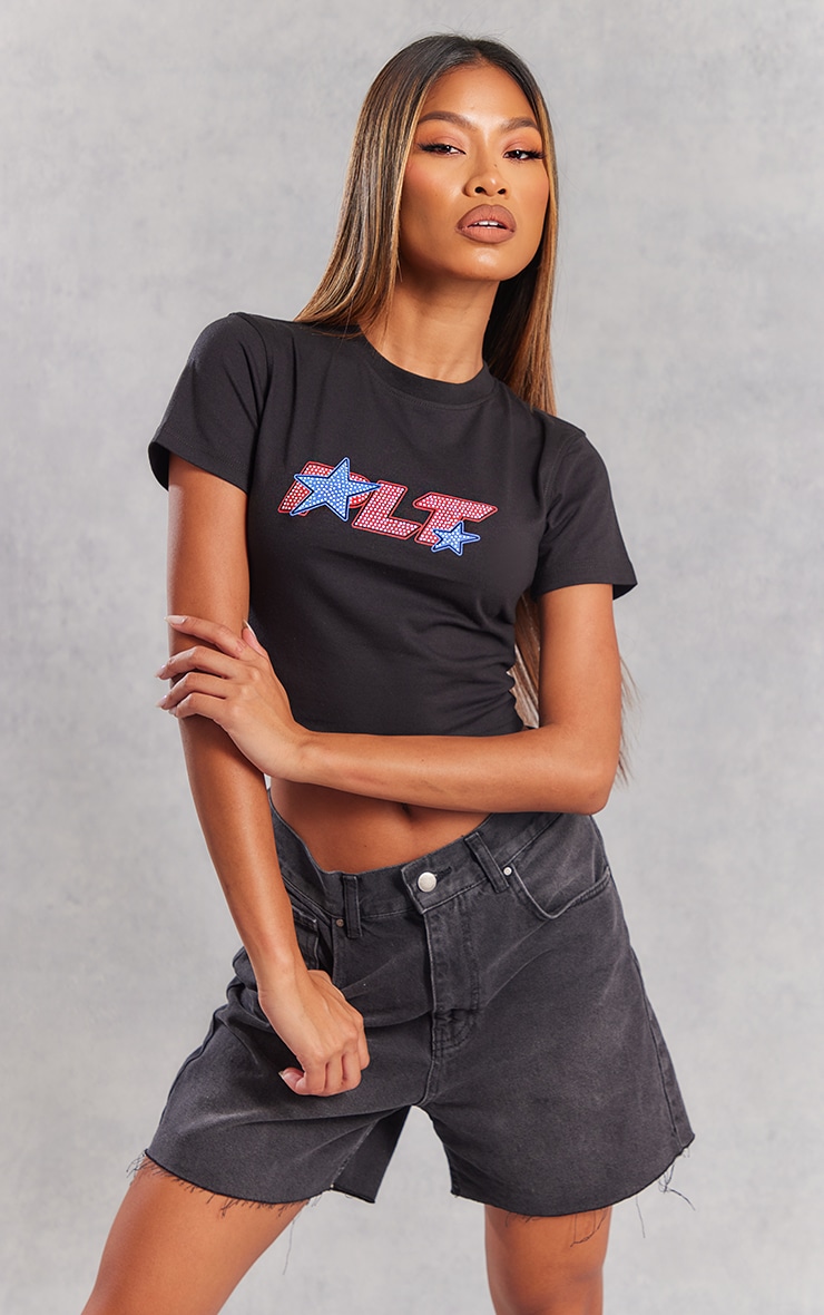 PLT Black Cotton Embroidered Fitted Crop T Shirt | Tops | PLT