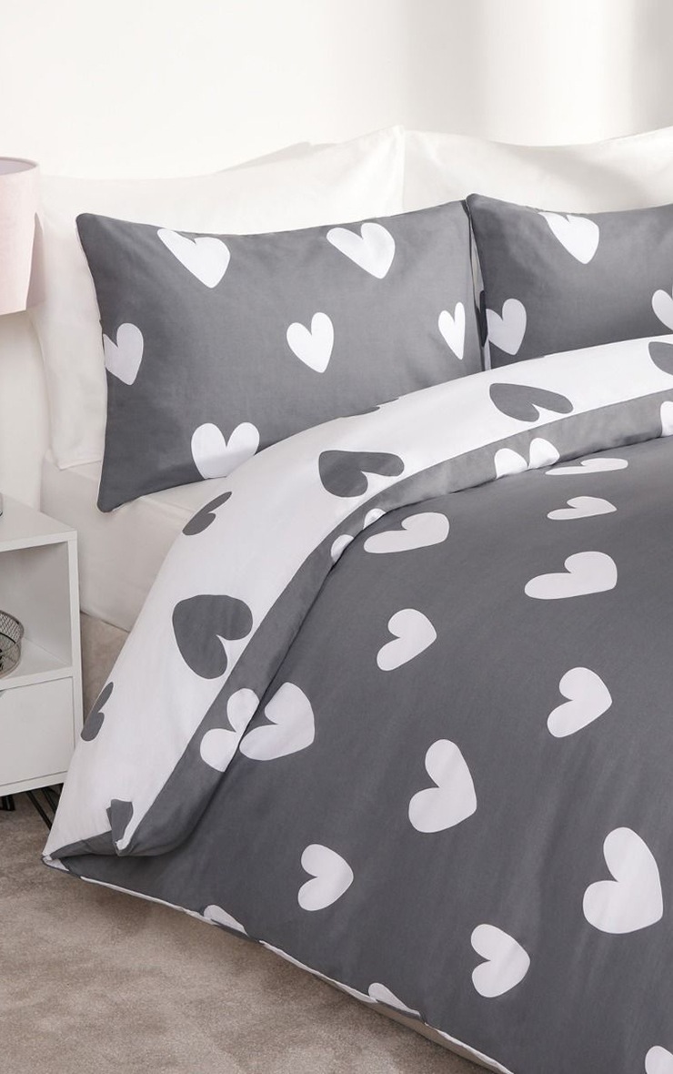 Heart Printed Reversible Duvet Set Charcoal Single | Accessories | PLT