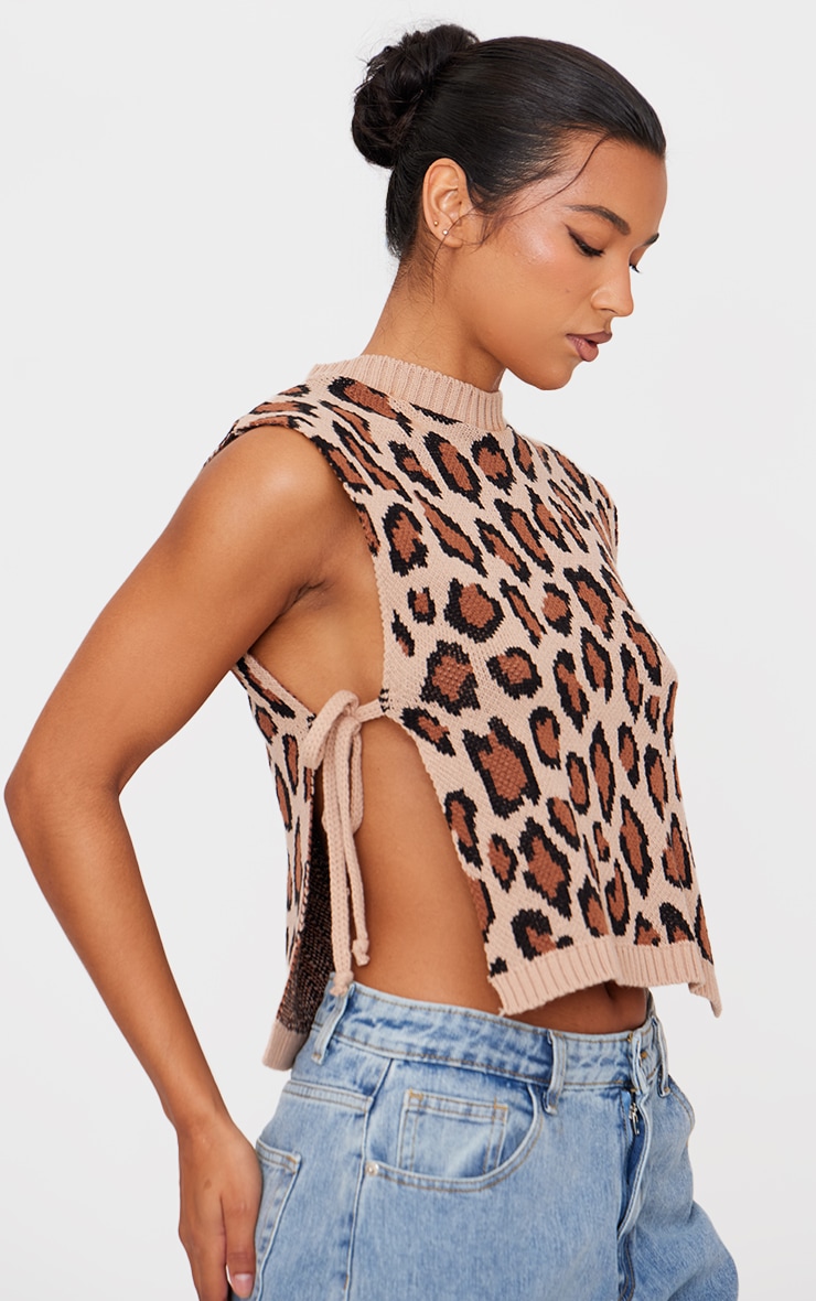 Brown Leopard Print Split Side Knitted Vest | Knitwear ...