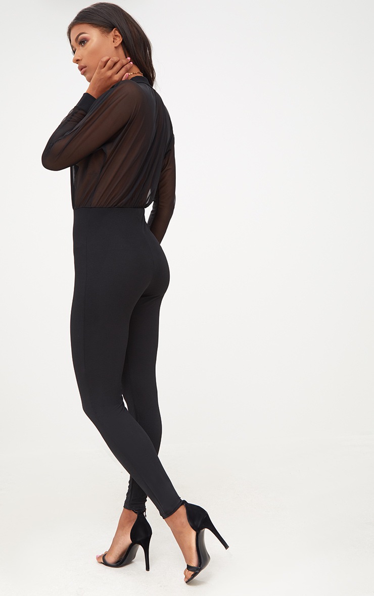 Black Mesh Plunge Long Sleeve Jumpsuit Jumpsuits And Playsuits
