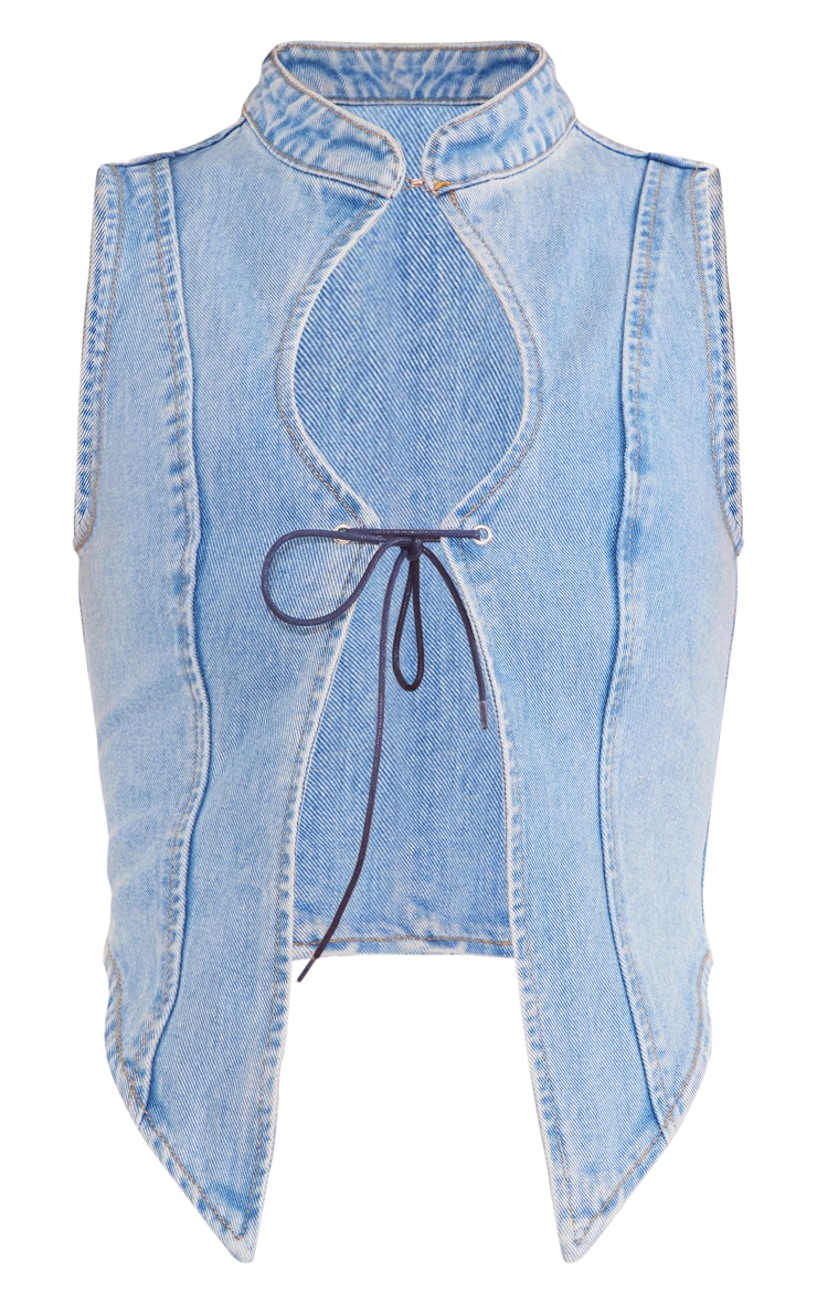 Mid Blue Wash Keyhole Lace Tie Dipped Denim Top | PrettyLittleThing