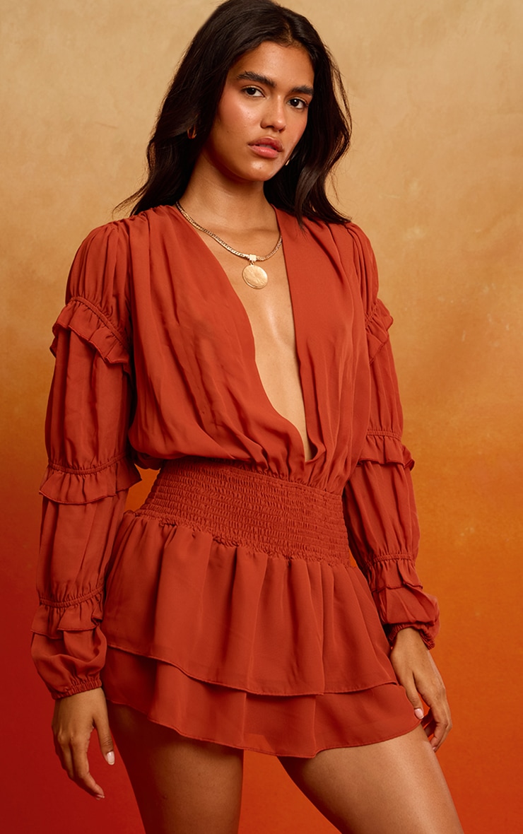 Rust Chiffon Ruched Ruffle Mini Dress | Dresses | PLT AUS