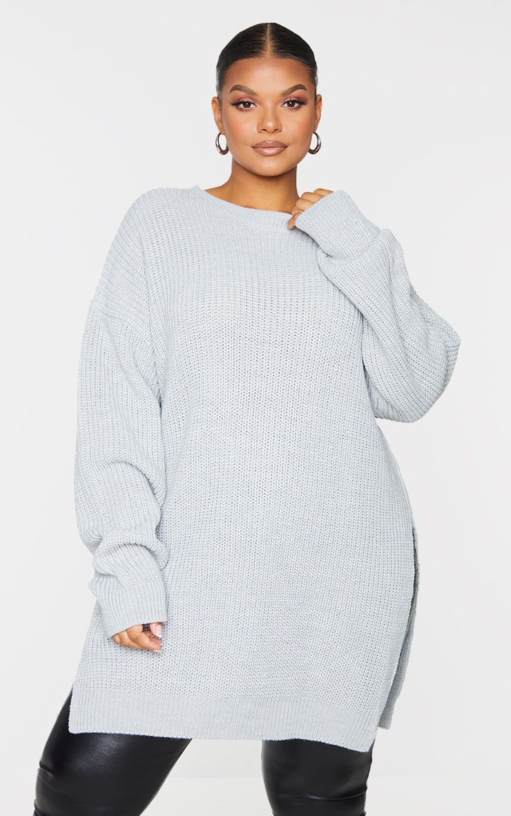 Plus Grey Round Neck Side Split Sweater | PrettyLittleThing USA
