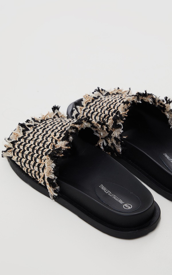 Black Raffia Strap Footbed Sliders | Footwear | PLT