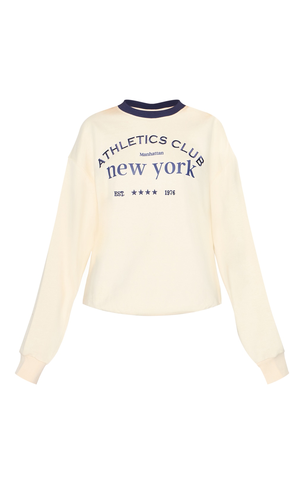 Cream Premium Contrast Neck Embroidered Sweatshirt | Athleisure | PLT
