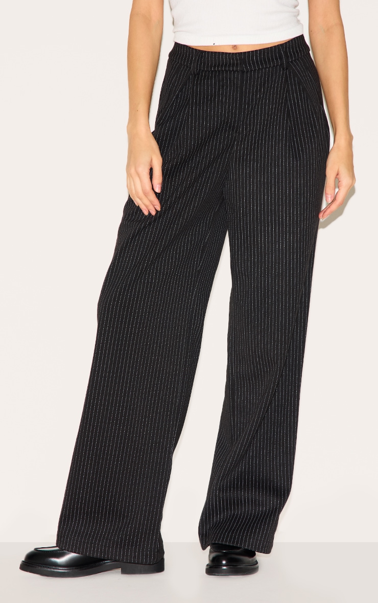Black Pinstripe Tailored Wool Feel Mid Rise Pants | Bottoms ...