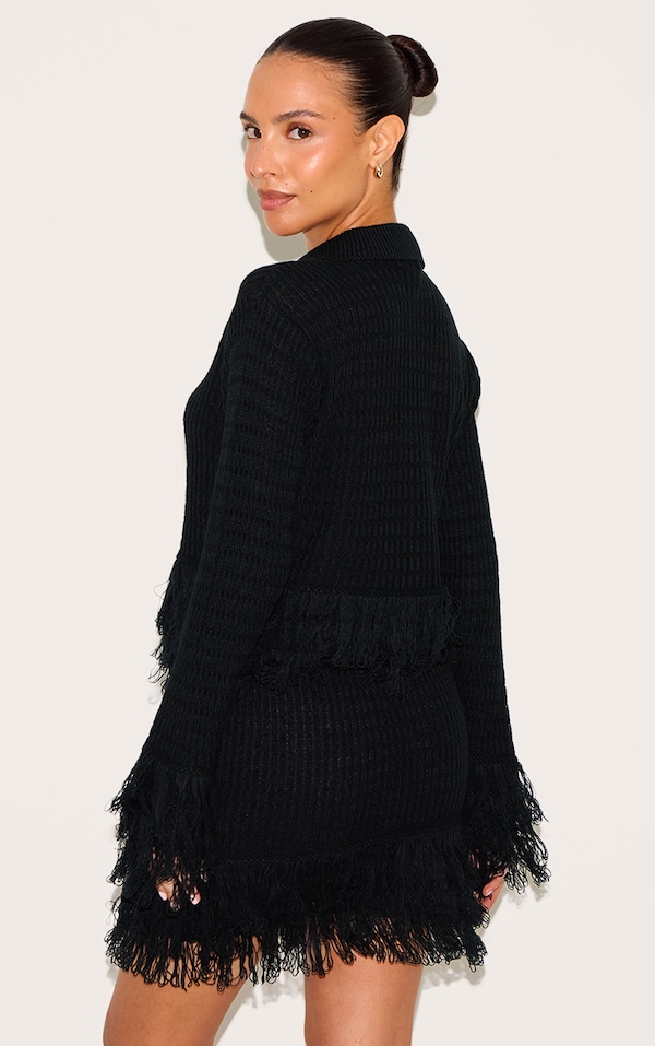 Petite Black Button Up Fringe Cardigan | Petite | PrettyLittleThing USA