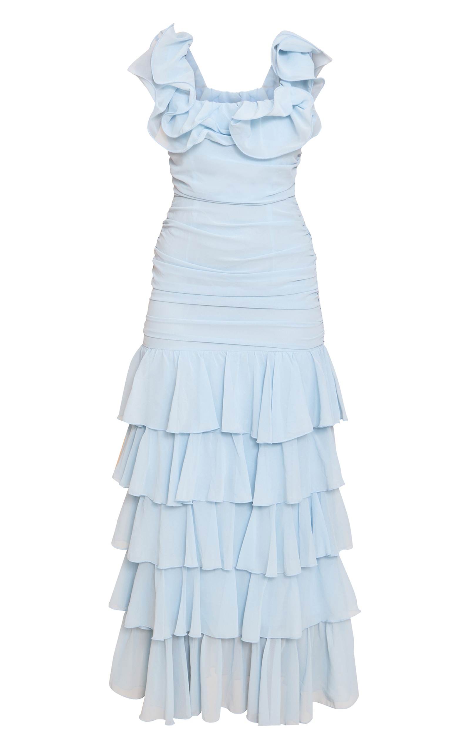 Light Blue Chiffon Ruched Ruffle Maxi Dress | Dresses | PLT