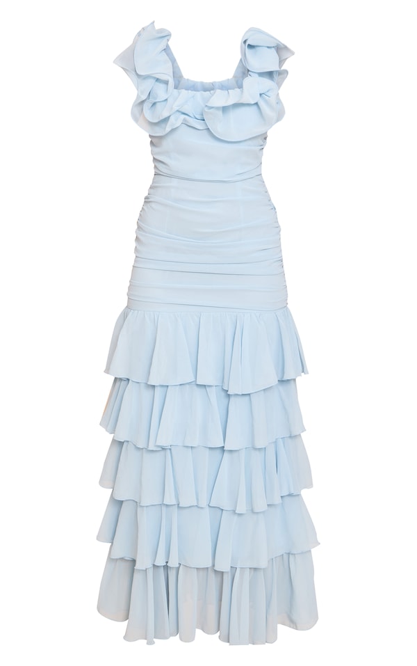 Light Blue Chiffon Ruched Ruffle Maxi Dress | Dresses | PLT