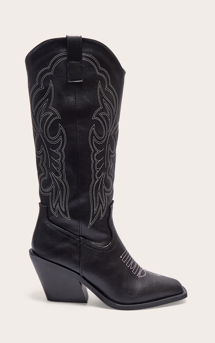 Black PU Point Toe Calf High Western Boots | Footwear | PLT